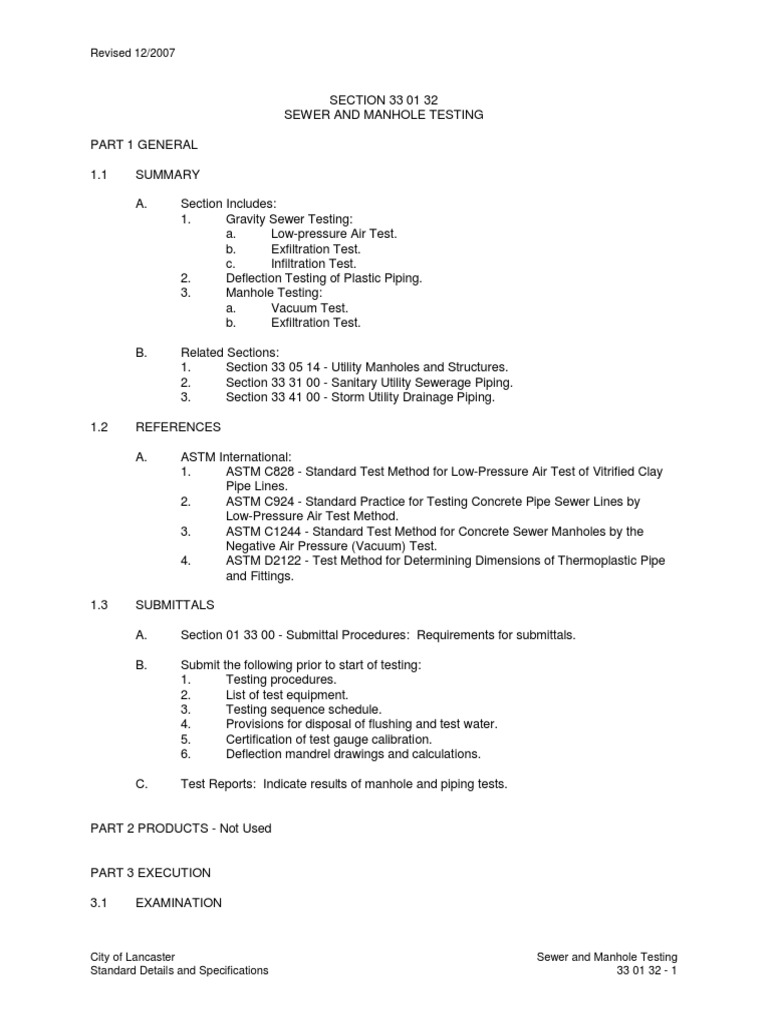 Sewer and Manhole Testing Standards | PDF | Sanitary Sewer | Pipe ...