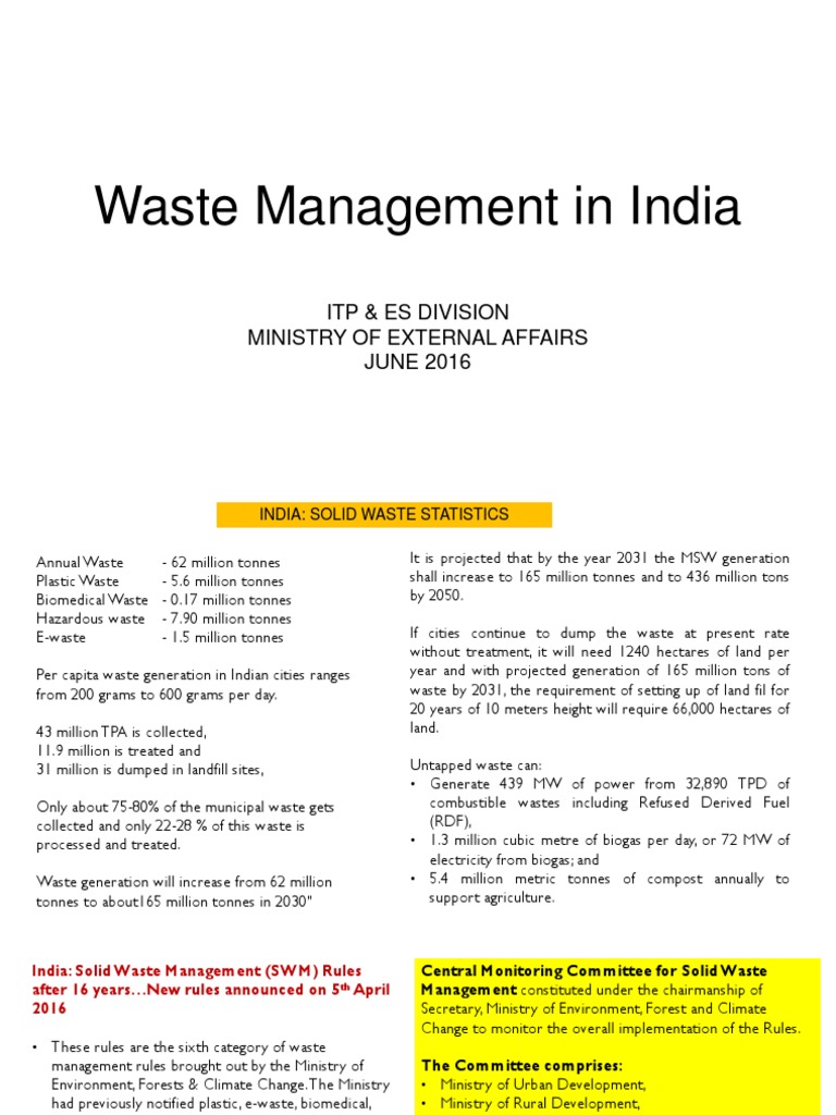 Waste Management in India: Itp & Es Division Ministry of External ...