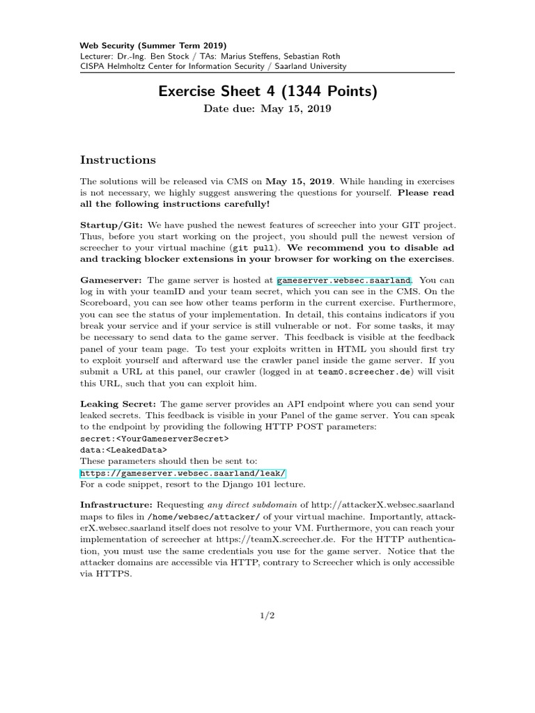 Web Security Exercise Sheet 4: Addressing CORS and postMessage ...