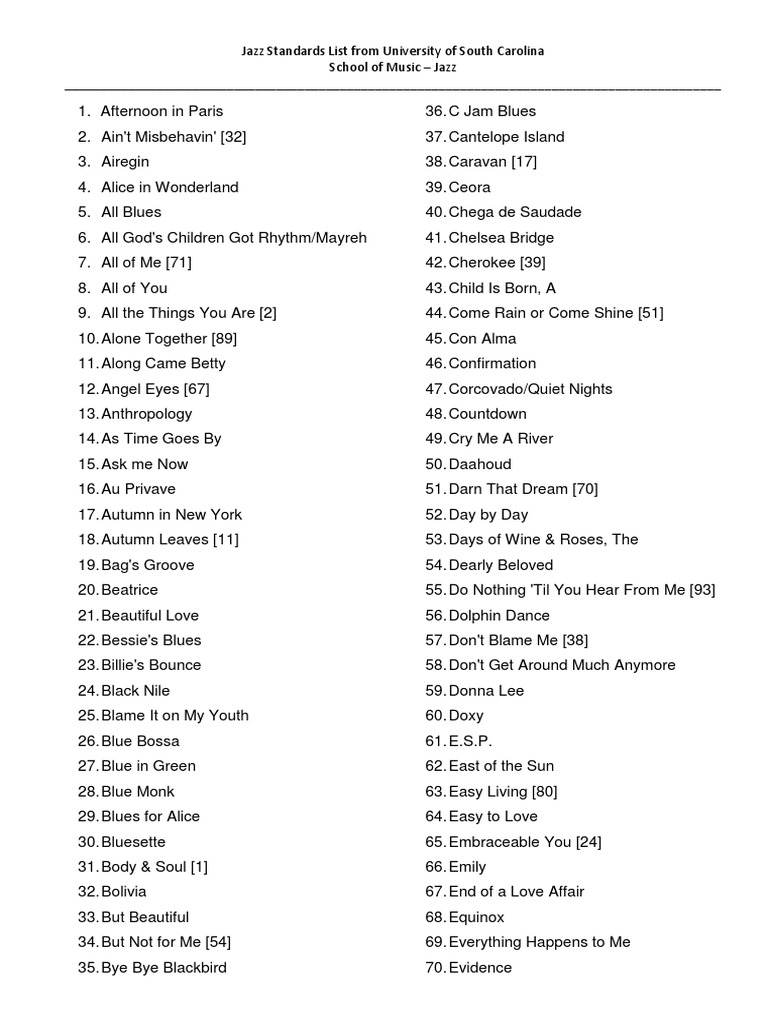 Lista de Standards South Carolina University | PDF | Jazz Music ...