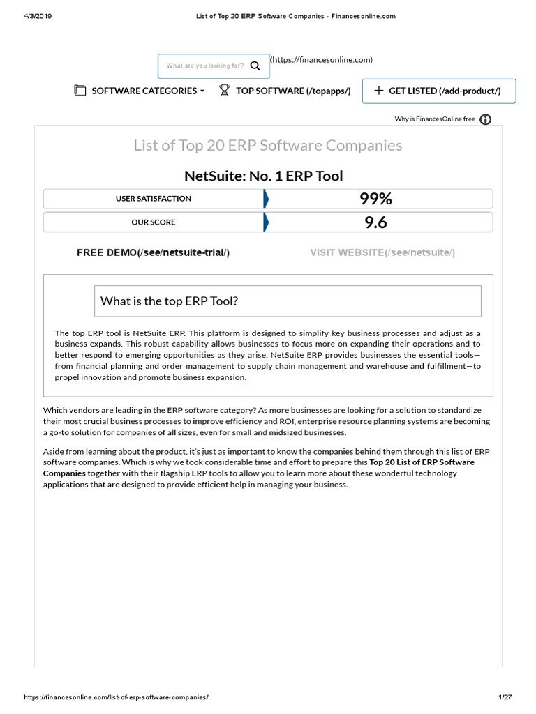 List of Top 20 ERP Software Companies | PDF | Enterprise Resource ...