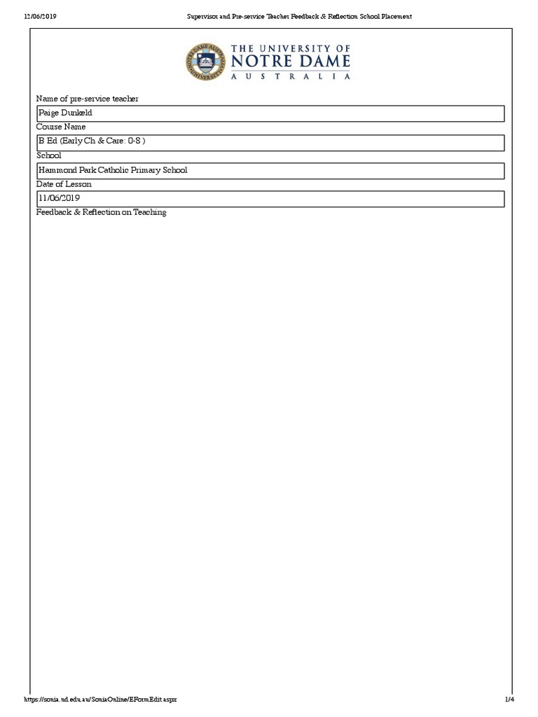 Sonia - Supervisor and Pre-Service Teacher Feedback Reflection School ...