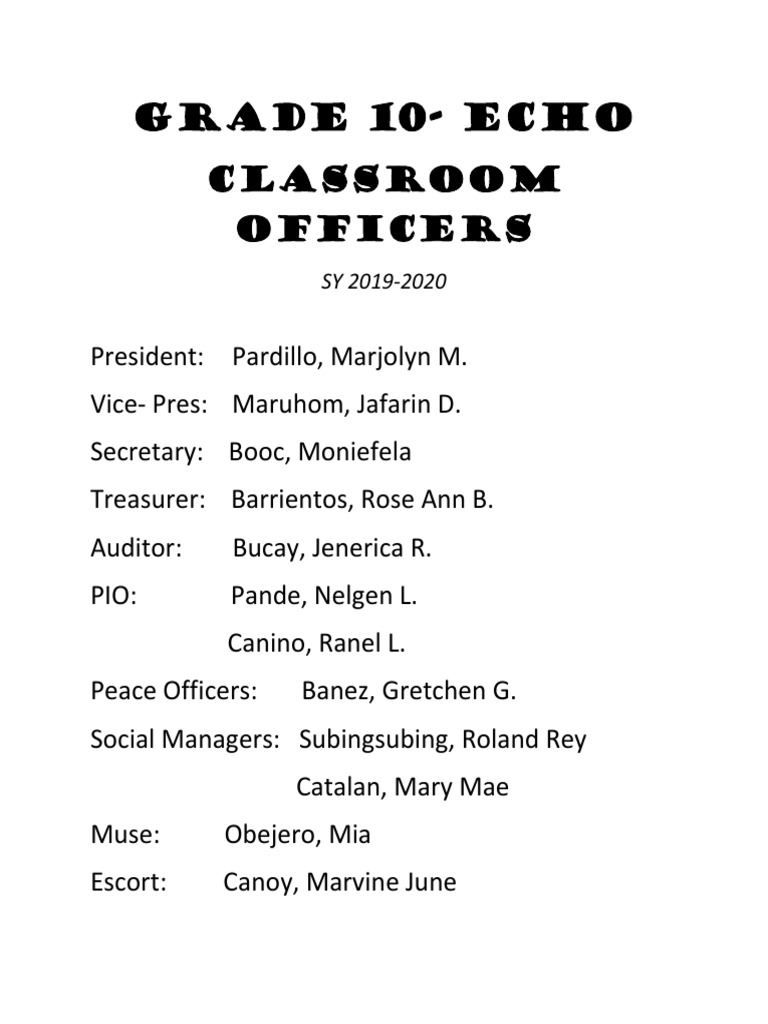 Grade 10-Echo: Classroom Officers | PDF | Social Science | Self-Improvement