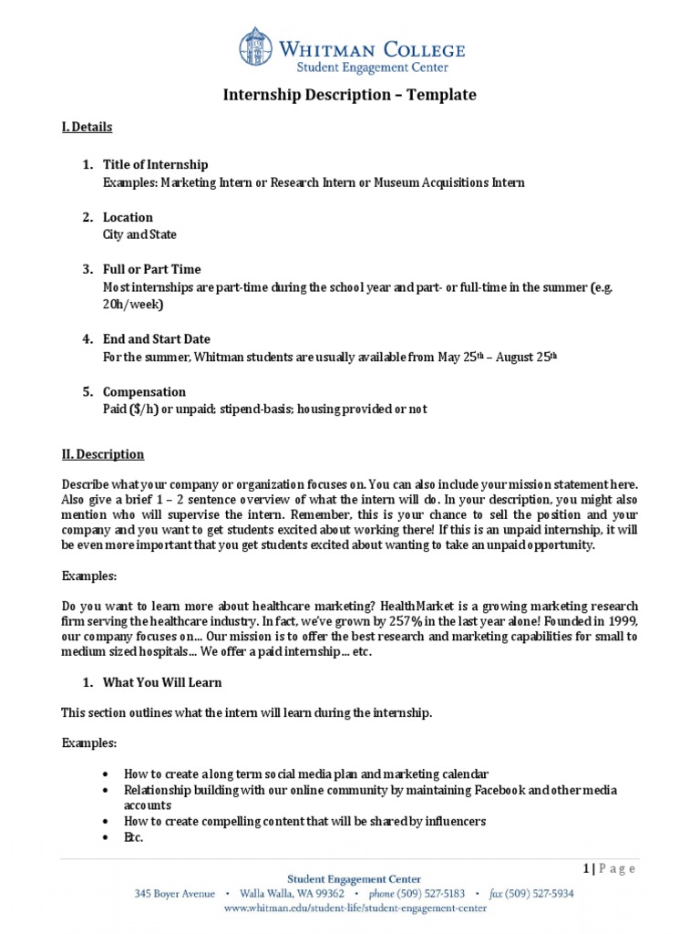 Whitman College-SEC-Internship Description Template | PDF | Internship ...