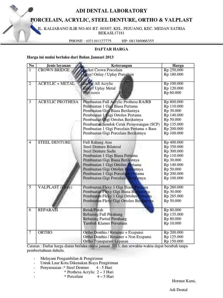 Adi Dental Laboratory (Daftar Harga) | PDF