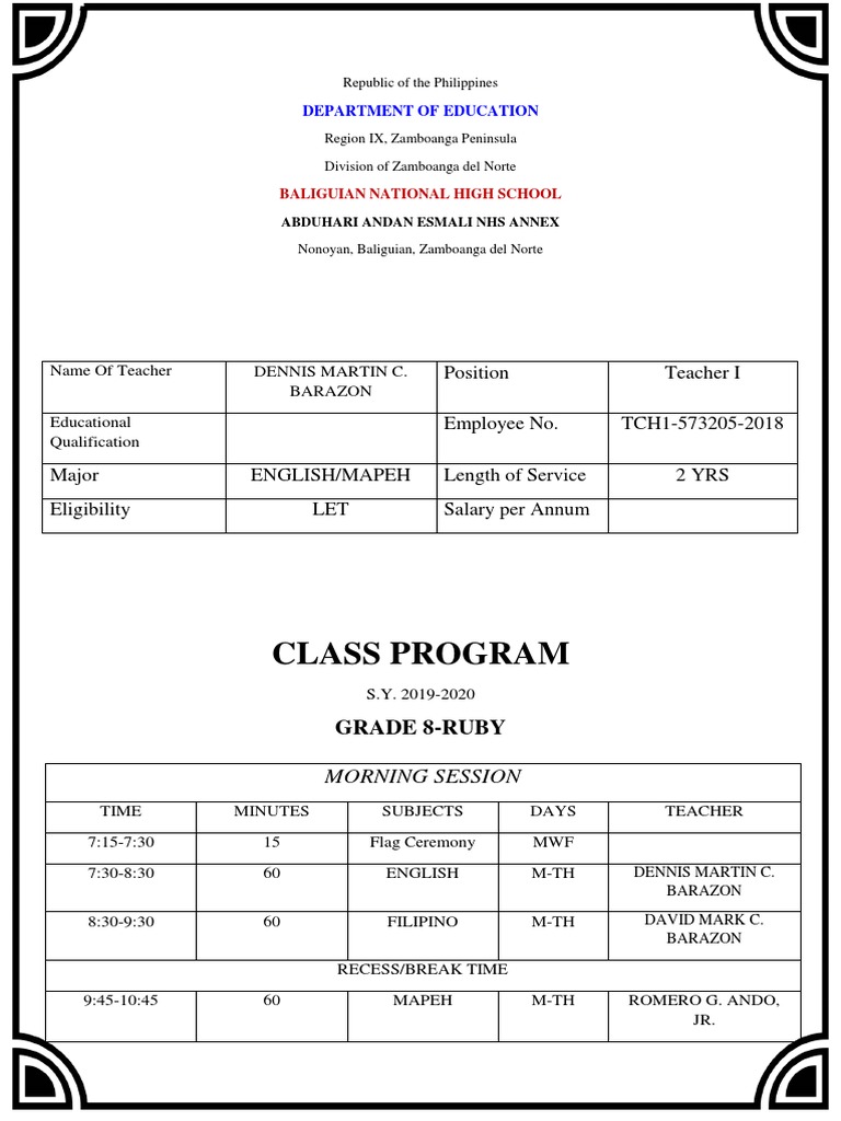 Grade 8 Class Program S.Y. 2019-2020 | PDF | Learning