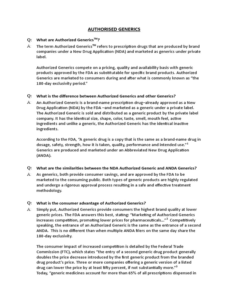 Authorised Generics: Q: What Are Authorized Generics ? | PDF | Generic ...