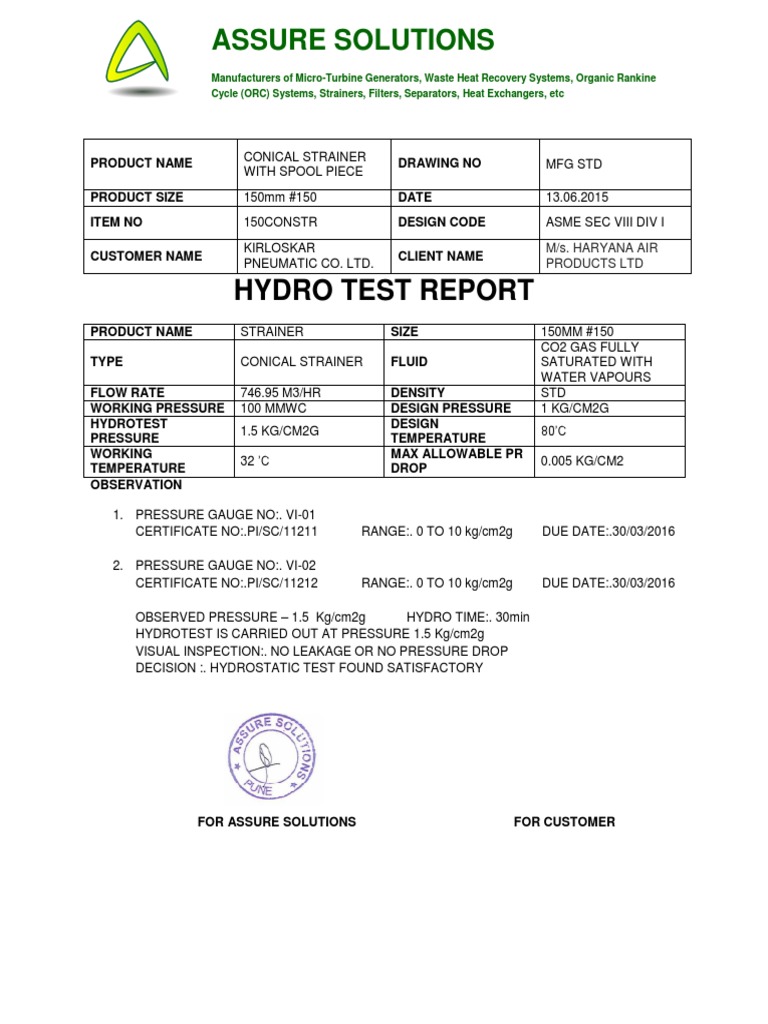 Hydro Test Report for Conical Strainer | PDF