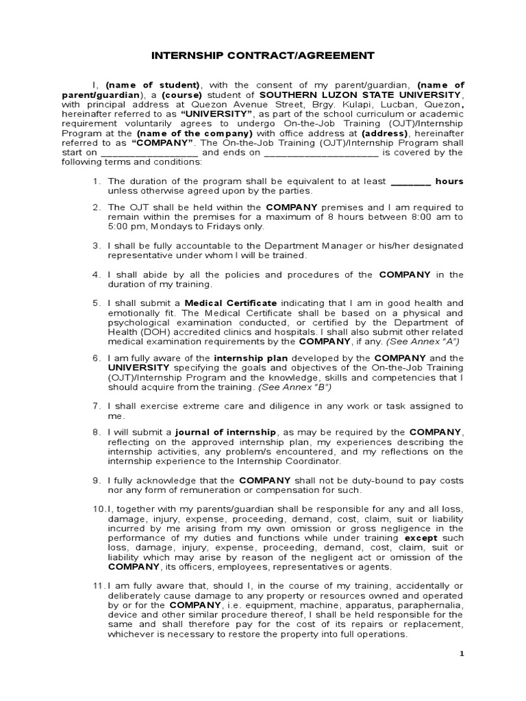 4 Internship Contract Agreement | PDF | Signature | Negligence