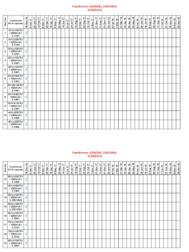 Transformer Inspection Schedule 2016-2018 | PDF | Lighting | Transformer
