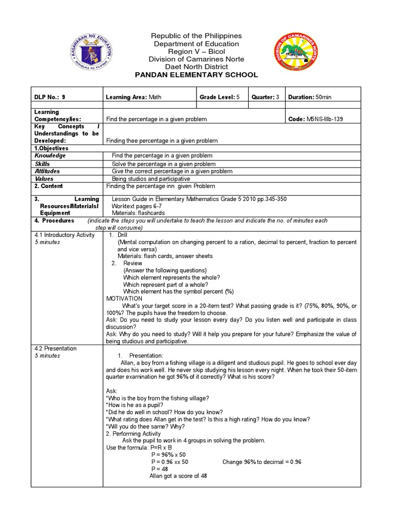 Math 5 DLP | PDF | Percentage | Teaching Mathematics