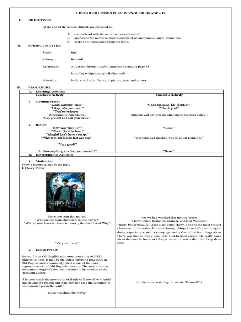 A Detailed Lesson Plan Beowulf. | Beowulf | Medieval Legends