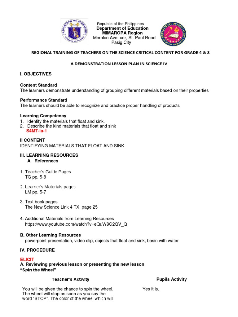 Sinking and Floating Lesson Plan | PDF | Sink | Water