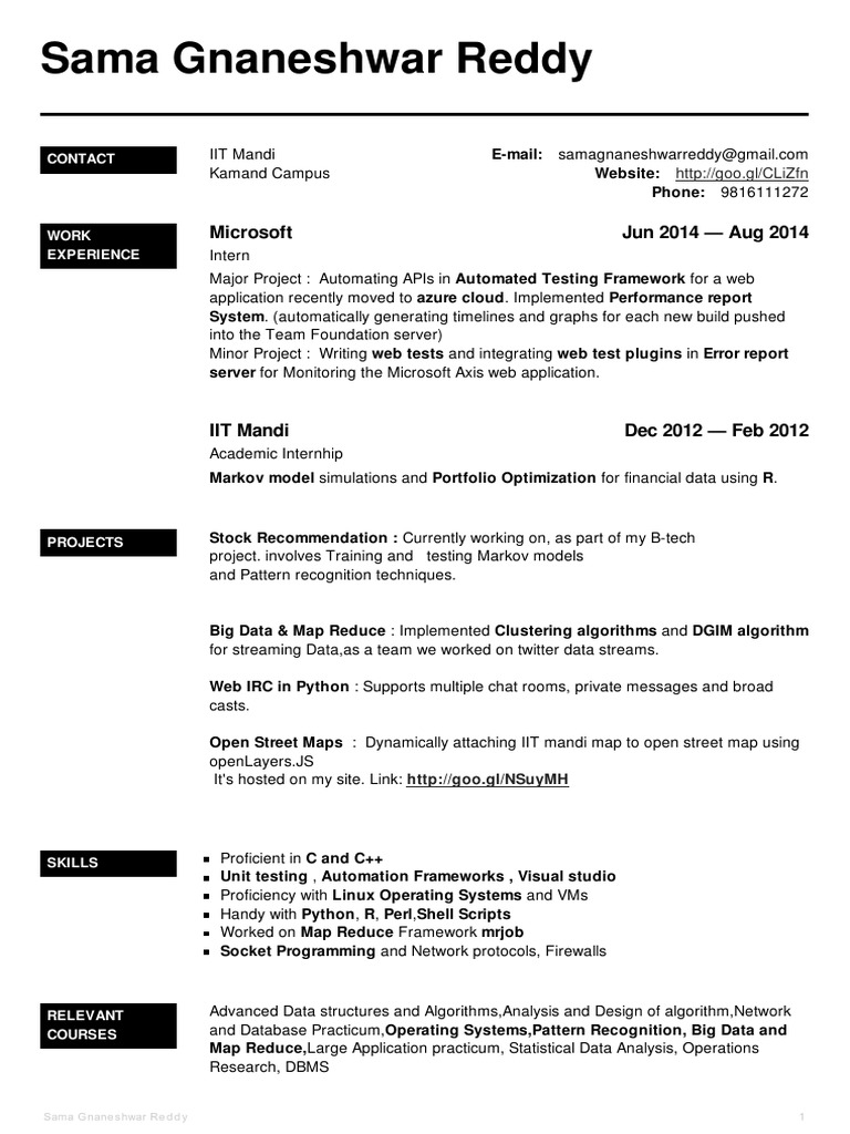 Resume of Sama Gnaneshwar Reddy highlighting his work experience at ...