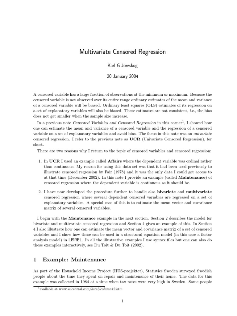 Multivariate Censored Regression: Karl G J Oreskog 20 January 2004 | PDF | Regression Analysis ...