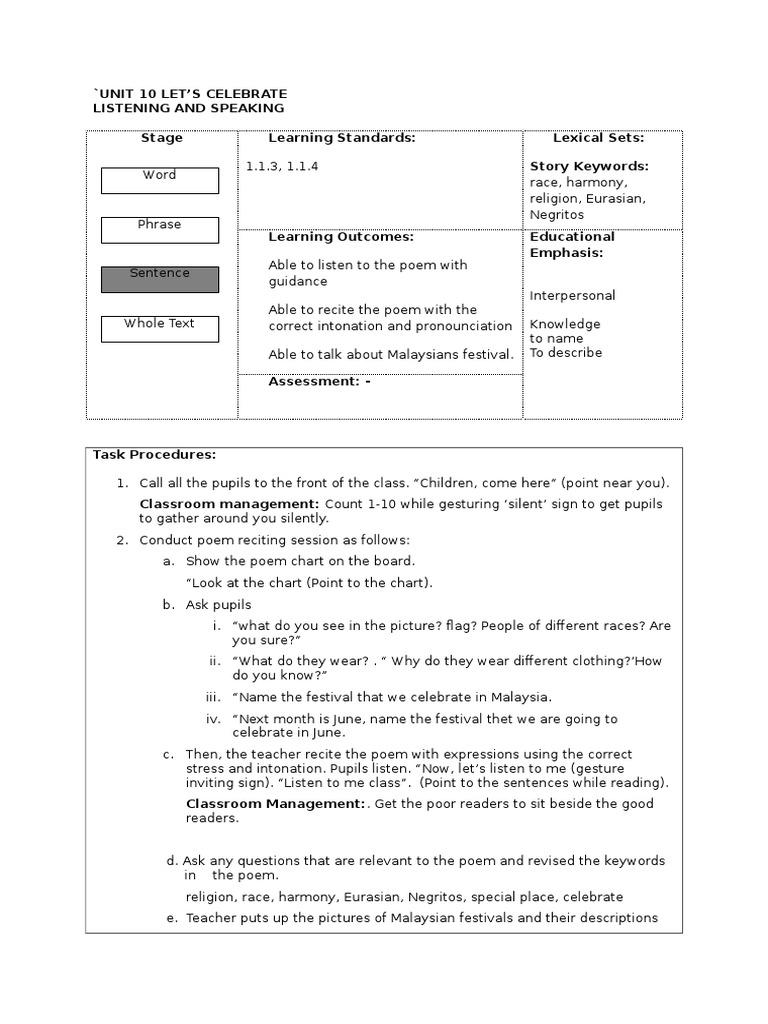 Unit 10.1 Listening Speaking Lesson Plan | PDF | Classroom Management ...
