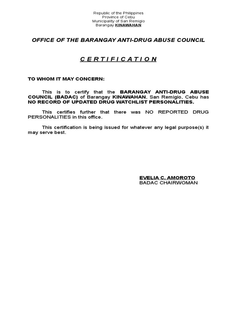 Badac Certification of Drug Watchlist Personalities | PDF