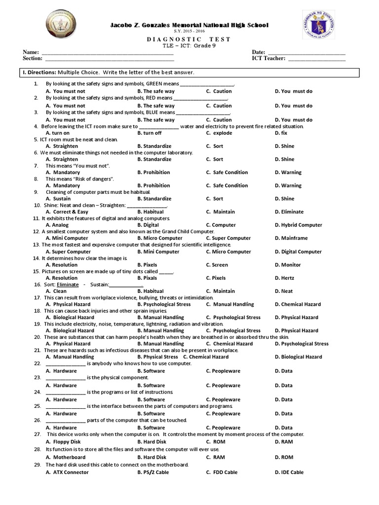 Grade 9 ICT Diagnostic Test | PDF | Network Topology | Computer Network