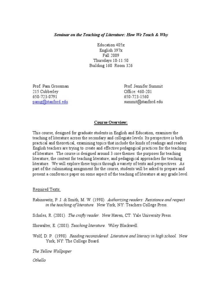 Syllabus For Seminar On The Teaching of Literature | PDF | Pedagogy ...