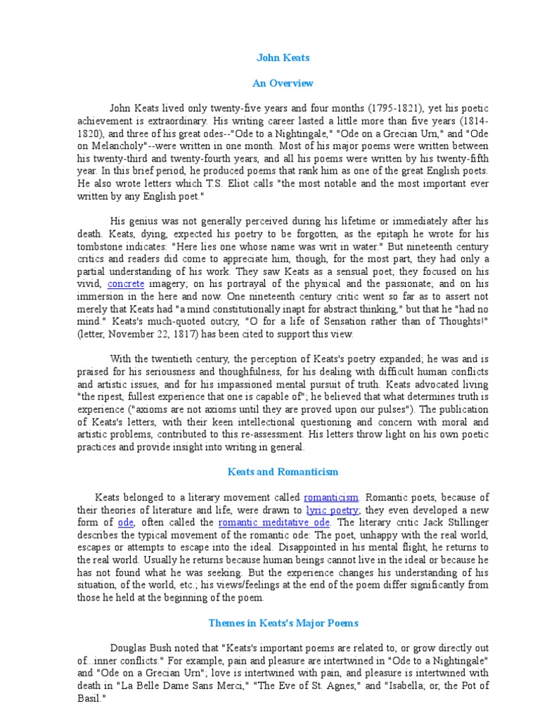 John Keats: A Brief Overview of His Life | PDF | Romanticism | John Keats
