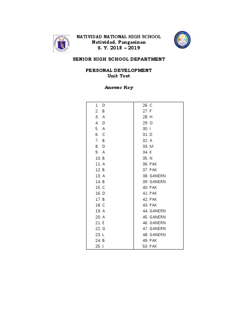Personal Development Exam Answer Key | PDF