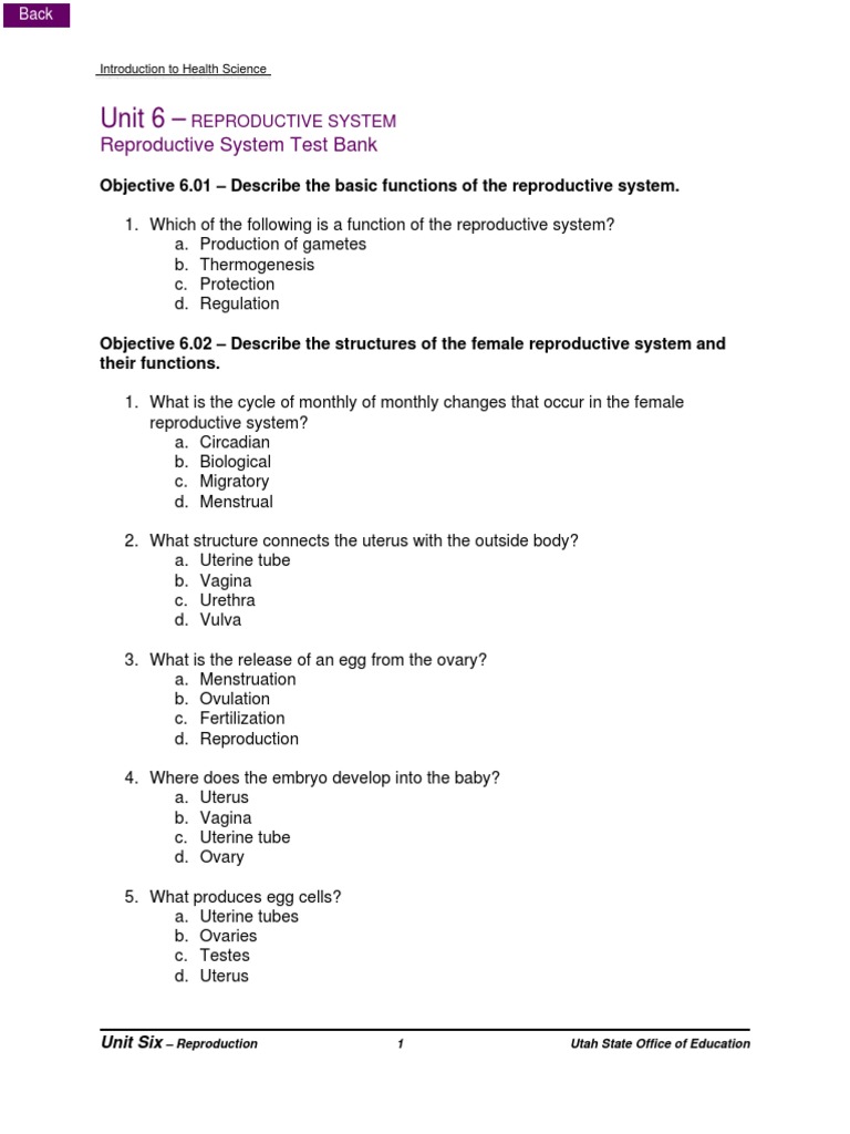 Unit 6 - : Reproductive System Test Bank | Download Free PDF ...