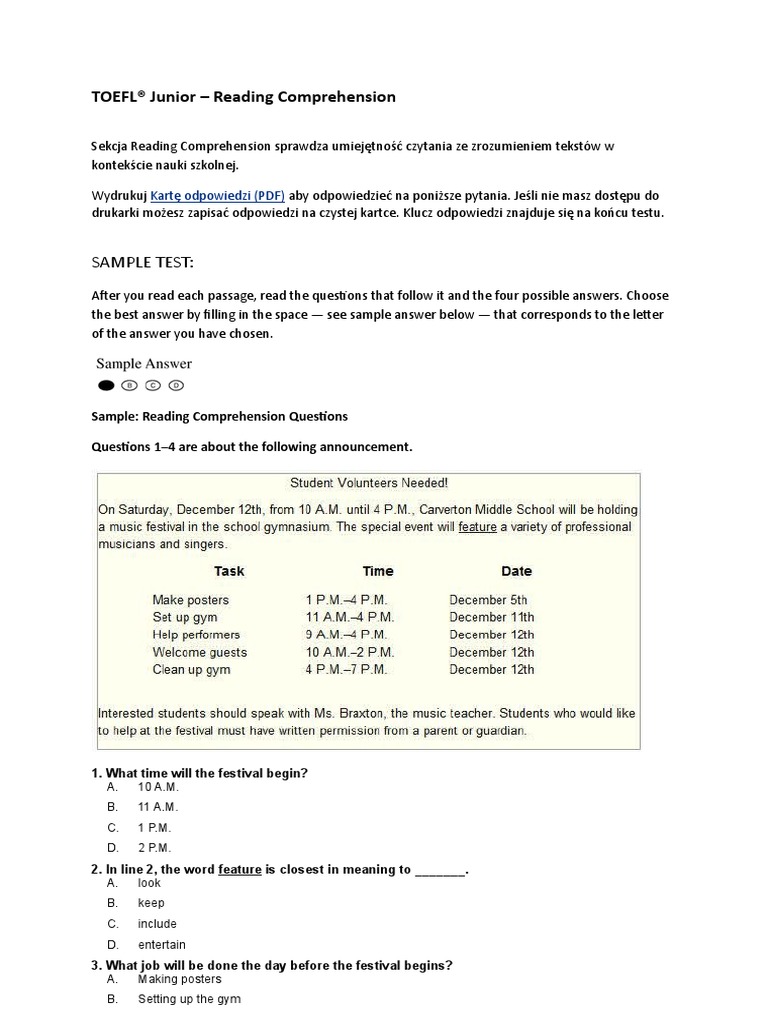 TOEFL® Junior - Reading Comprehension: Sample Test | PDF | Language ...