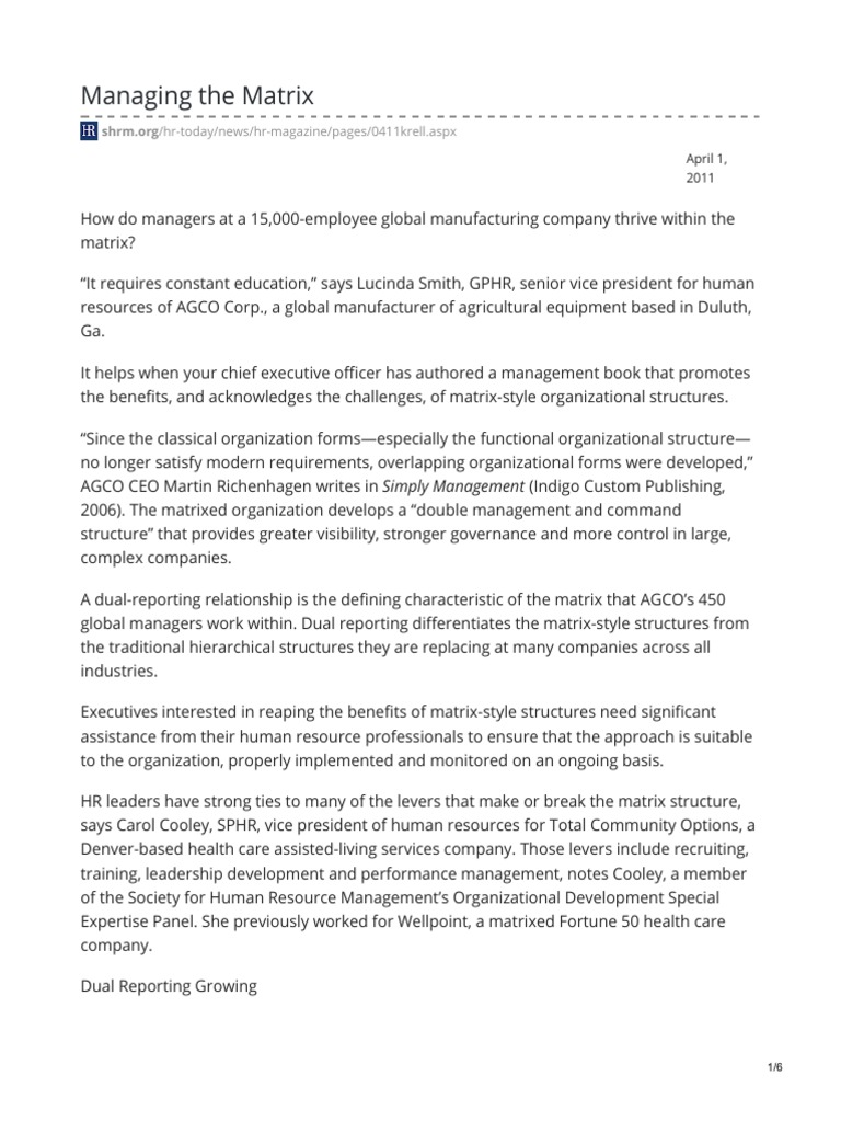 Managing The Matrix | PDF | Human Resources | Leadership