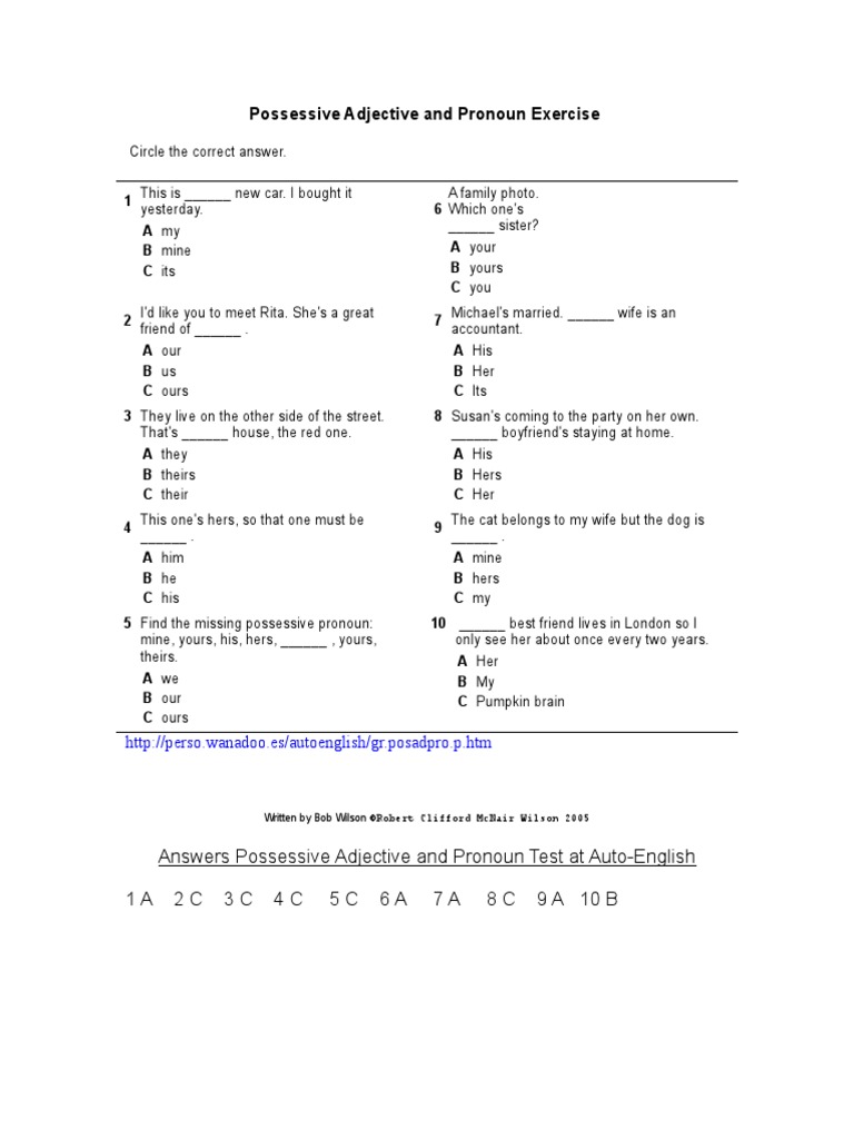 10e. Possessive Adjectives and Pronouns Answer Key | PDF