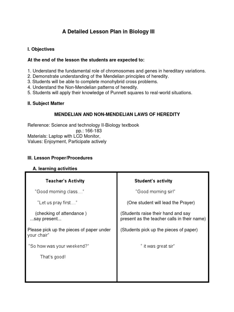 A Detailed Lesson Plan in Biology III: I. Objectives at The End of The ...