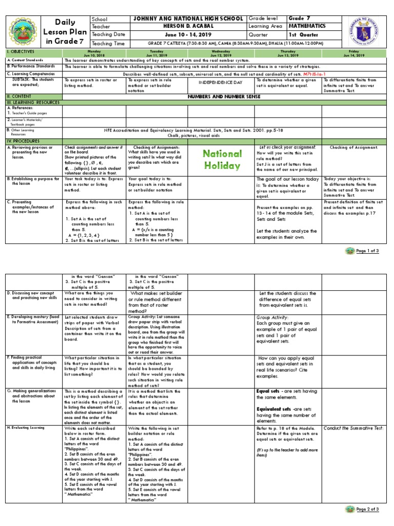 Daily Lesson Plan Grade 7: School Teacher Learning Area MATHEMATICS ...