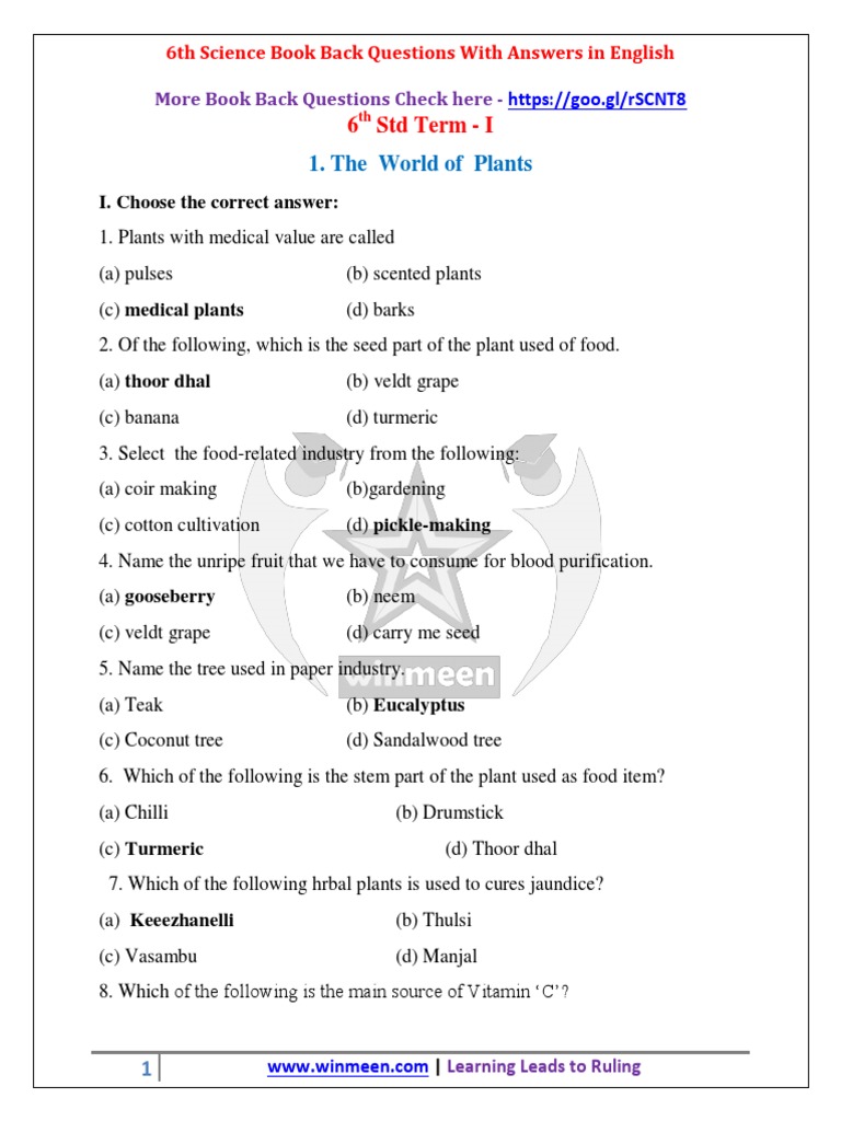 6th STD Term 1 Science Book Back Questions With Answers in English ...