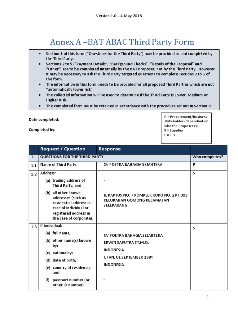 BAT ABAC Third Party Form Guide | PDF | Cheque | Government