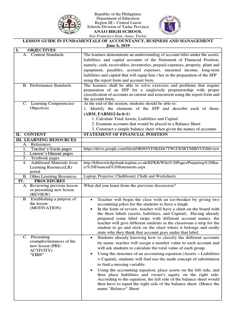 Preparing a Statement of Financial Position (SFP) for a Business | PDF ...