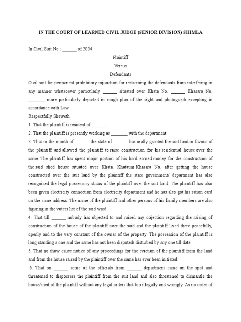 Civil Suit For Permanent Prohibitory Injunction | PDF | Lawsuit ...