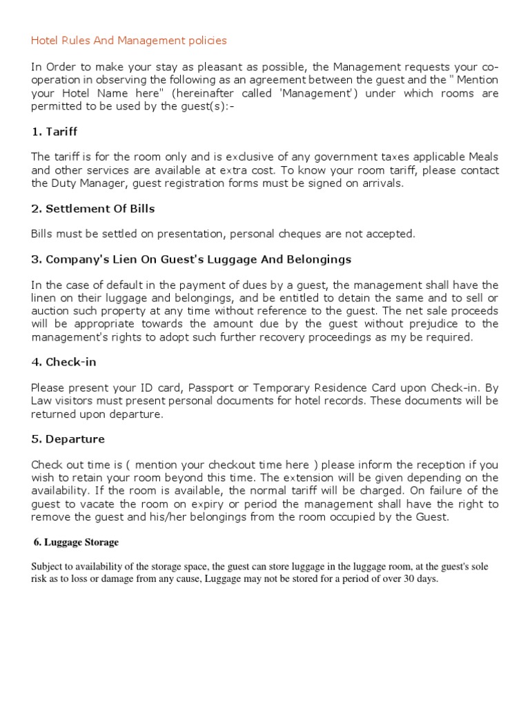 Hotel Management Policies Guide | PDF