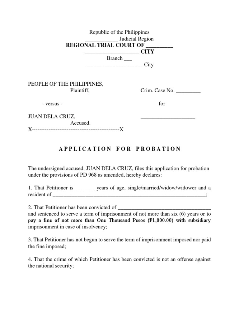 Application For Probation Sample | PDF | Probation | Imprisonment