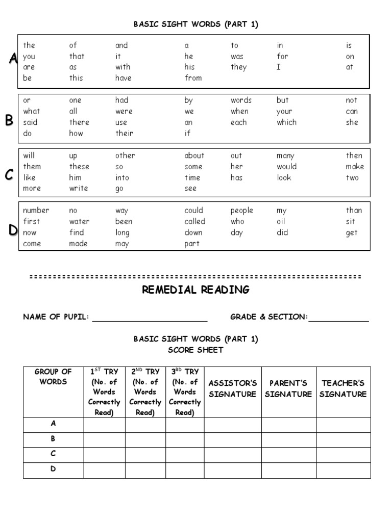 Remedial Reading: Basic Sight Words (Part 1) | PDF | Books