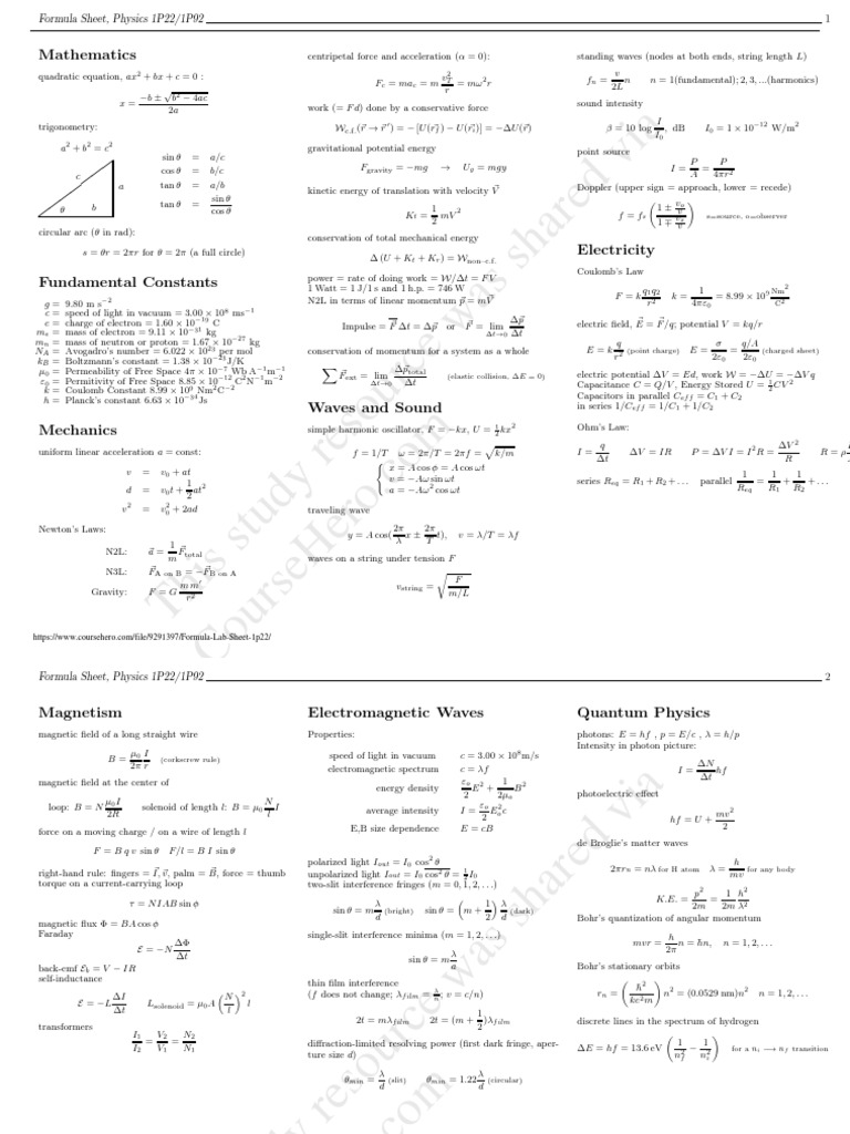 Formula Sheet, Physics 1P22/1P92 | PDF | Photon | Waves
