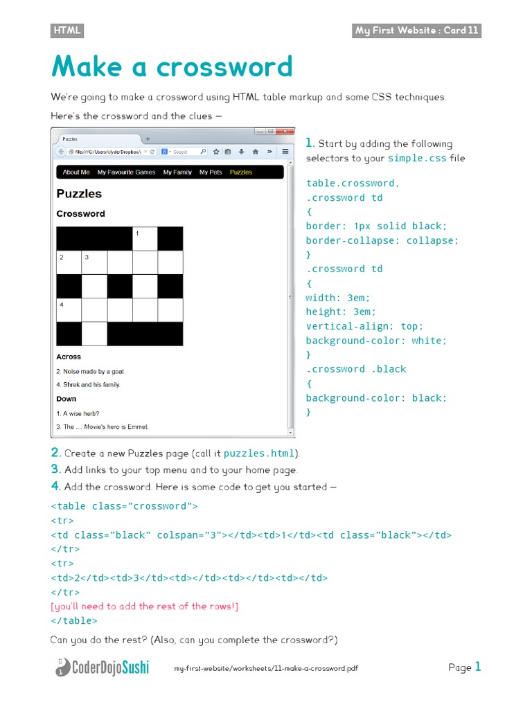 Make A Crossword: HTML My First Website: Card 11 | PDF | Crossword ...