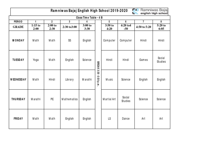 Time Table - Grade 4B | PDF