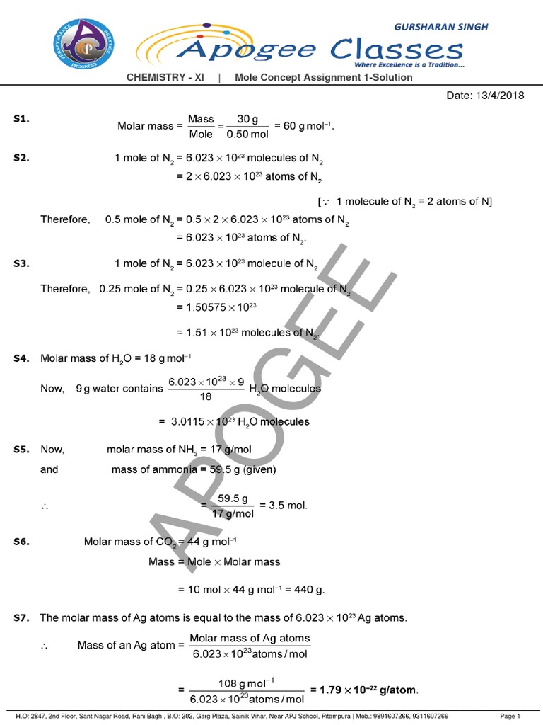 Mole Concept Assignment 1-Solution | PDF | Nature