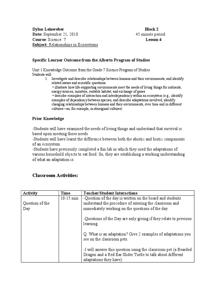 Adaptation Lesson Plan | PDF | Ecosystem | Natural Environment