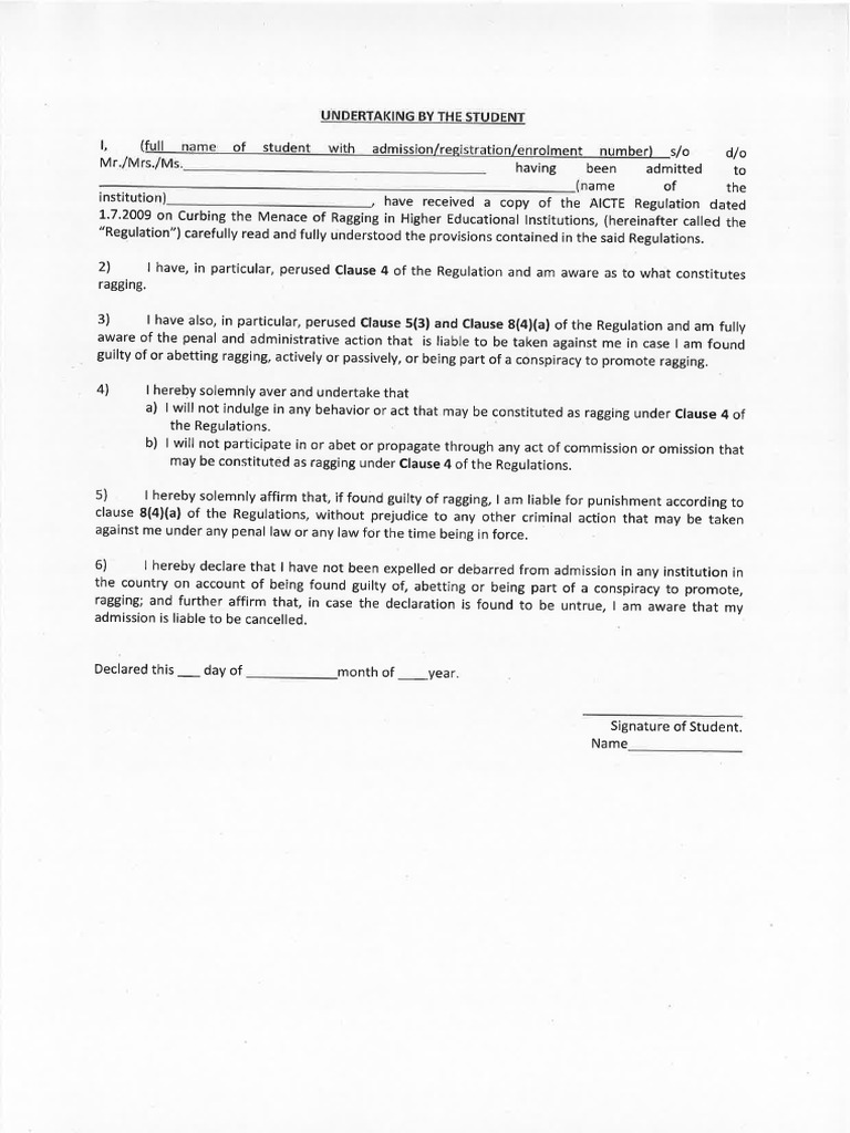Anti Ragging Undertaking by Parents and Student