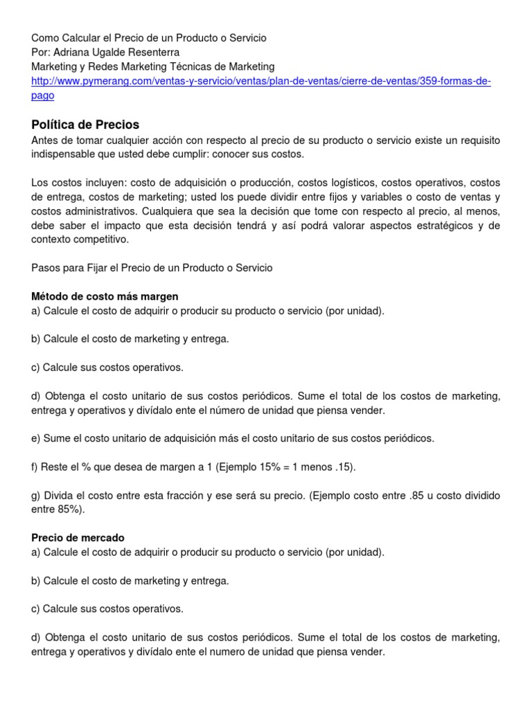 Como Calcular El Precio de Un Producto o Servicio | PDF | Marketing ...
