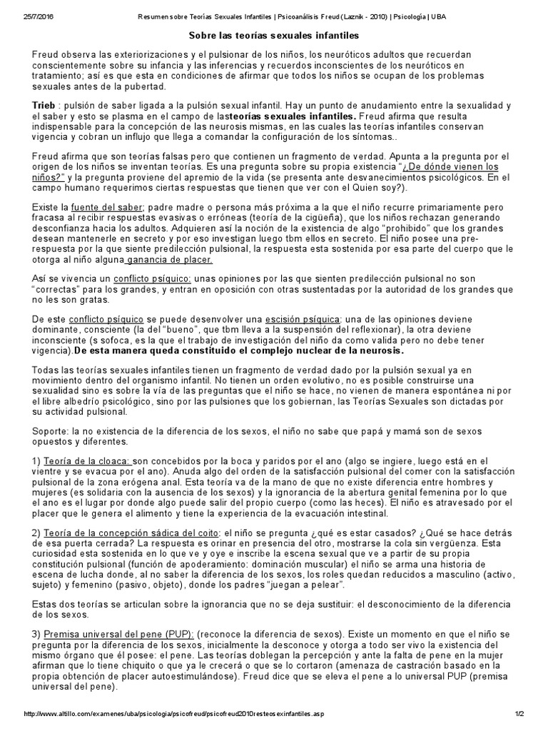 Resumen Sobre Teorías Sexuales Infantiles - Psicoanálisis Freud (Laznik - 2010) - Psicología ...