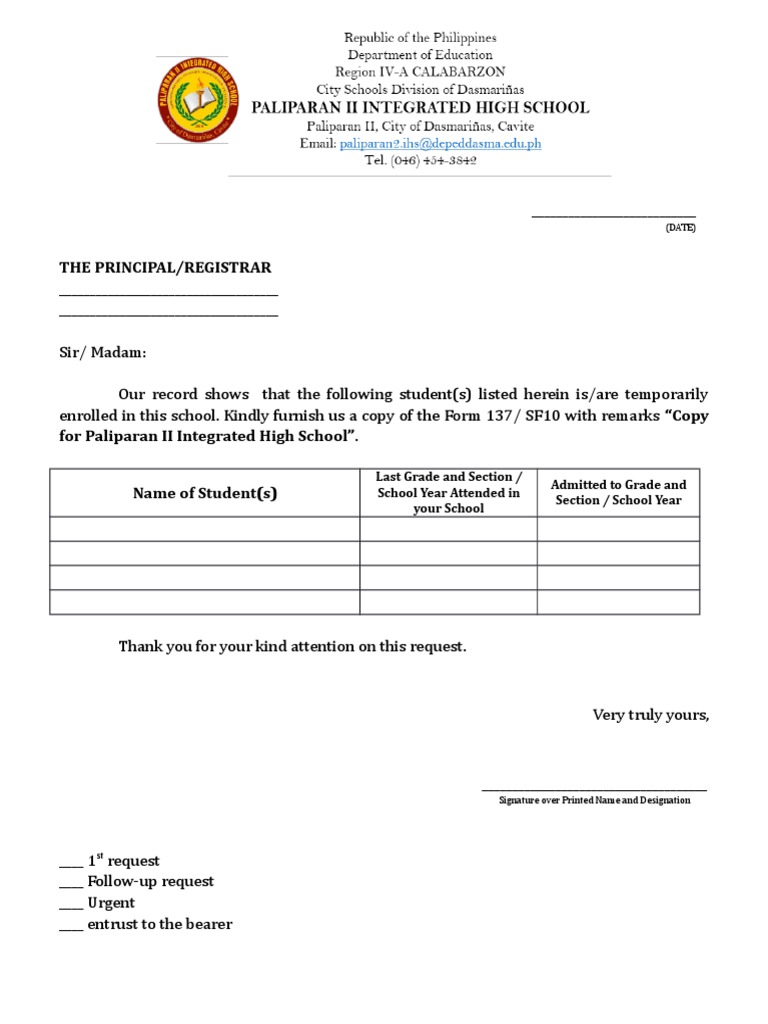Form 137 Request Letter | PDF