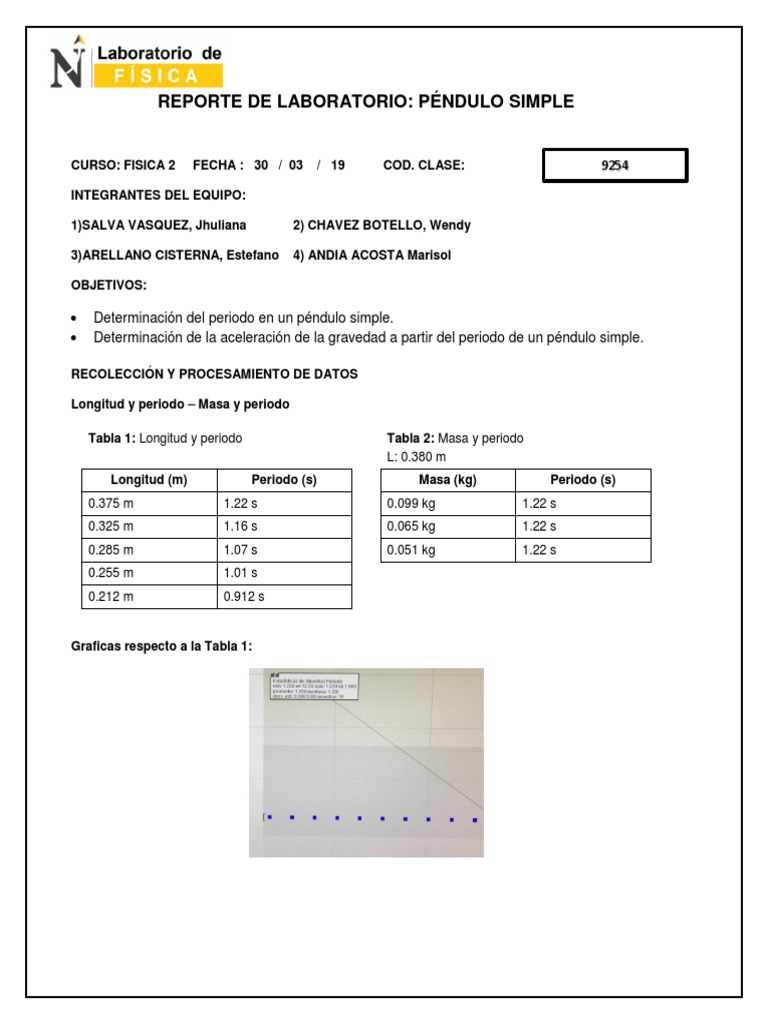 01 Reporte Pendulo Simple Lab | Descargar gratis PDF | Péndulo | Masa