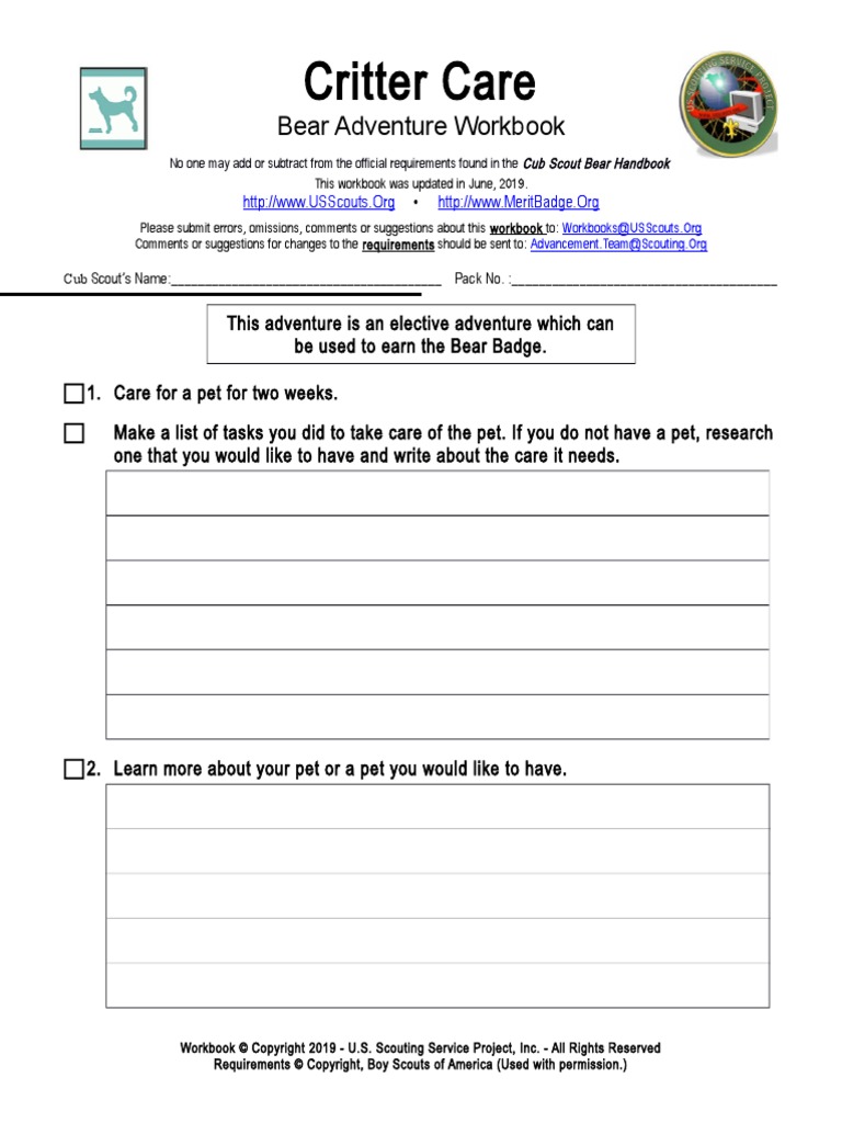 Critter Care: Bear Adventure Workbook | Download Free PDF | Boy Scouts ...