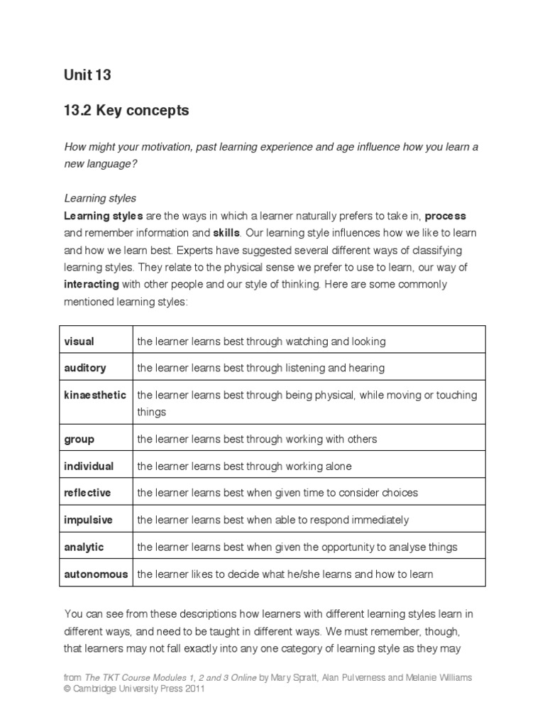 Unit 13 13.2 Key Concepts | PDF | Learning Styles | Motivation
